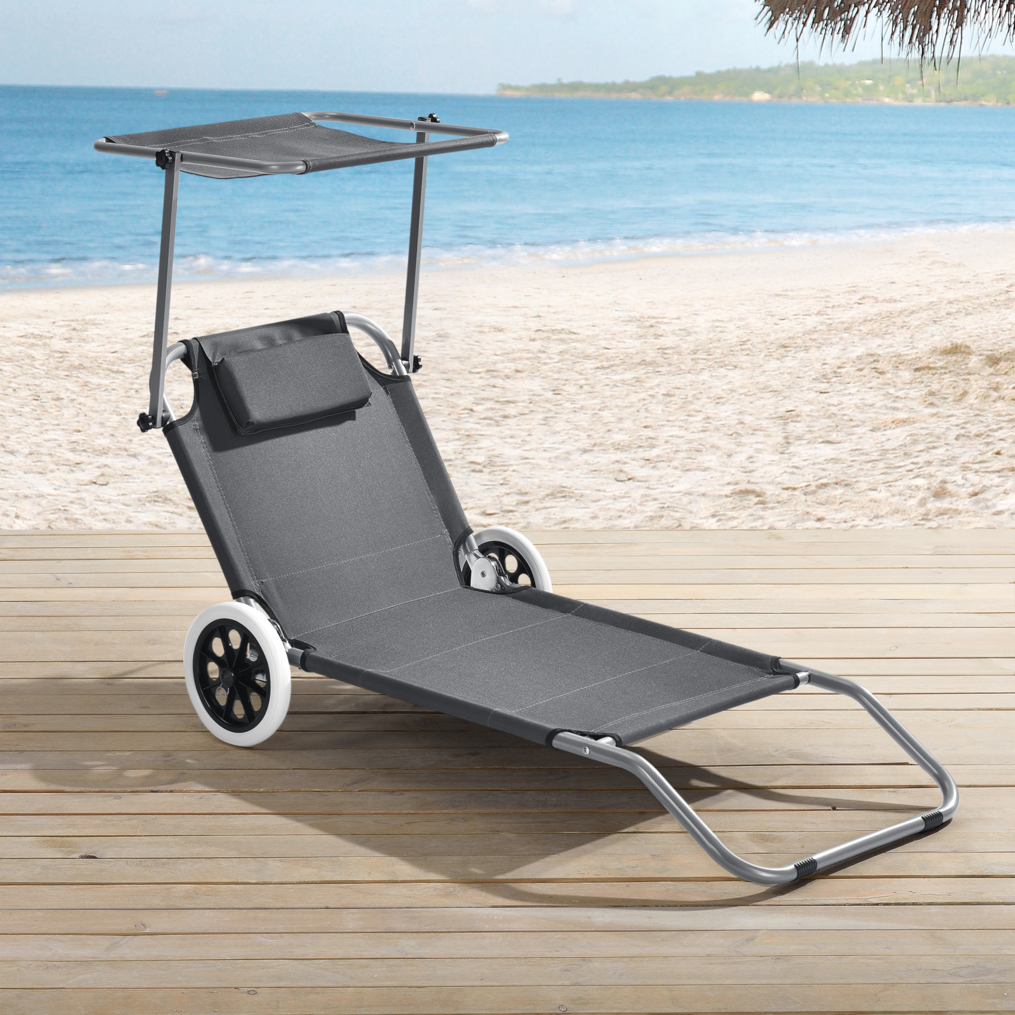 2x Sonnenliege mit Sonnendach  Rollen Gartenliege Strandliege  