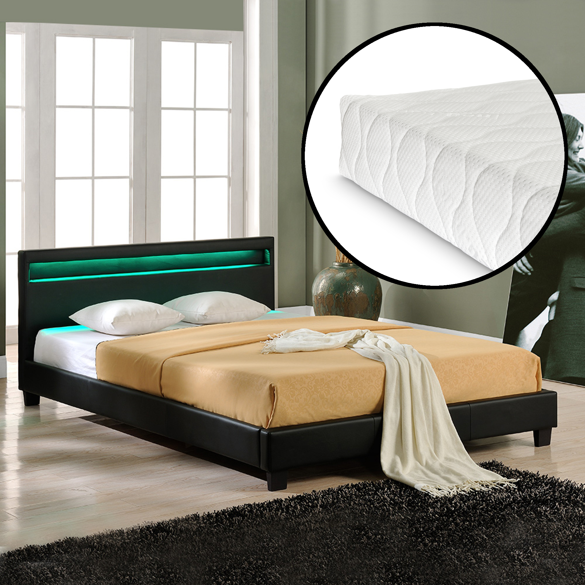 Letto design LED CORIUM + materasso 160x200 cm ecopelle nero imbottitura